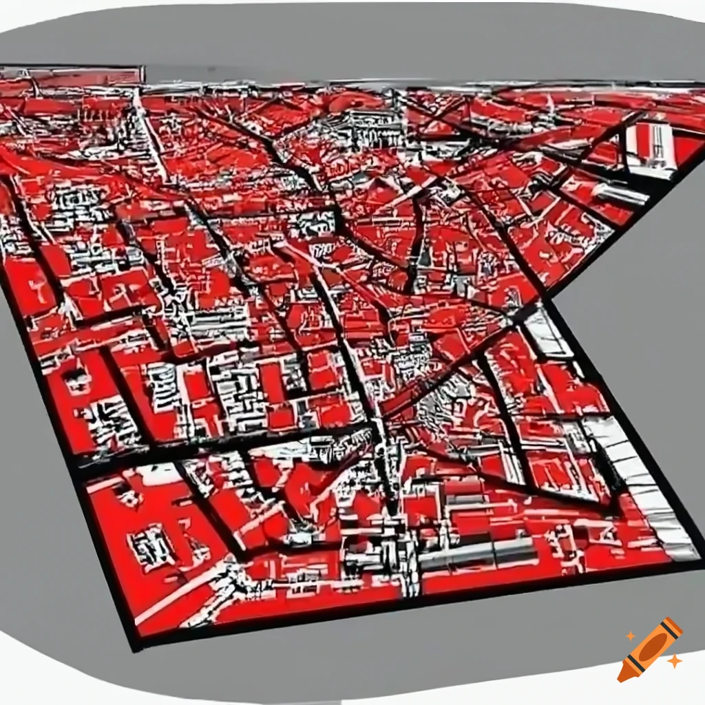 Tilted 3d tokyo map. anime persona 5 aesthetic. red, black and white ...