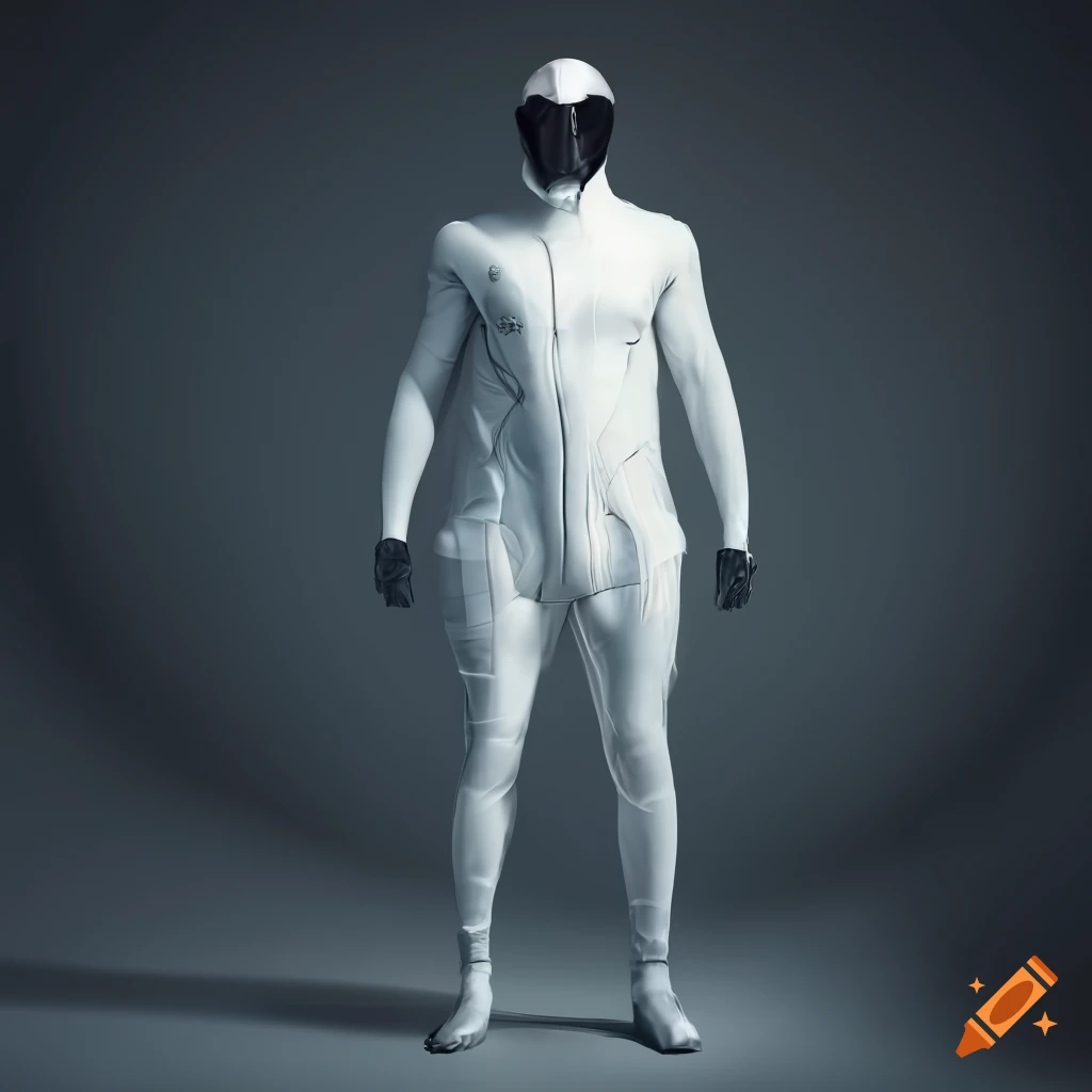 Concept art of man in a fashionable futuristic white jumpsuit detailled ...