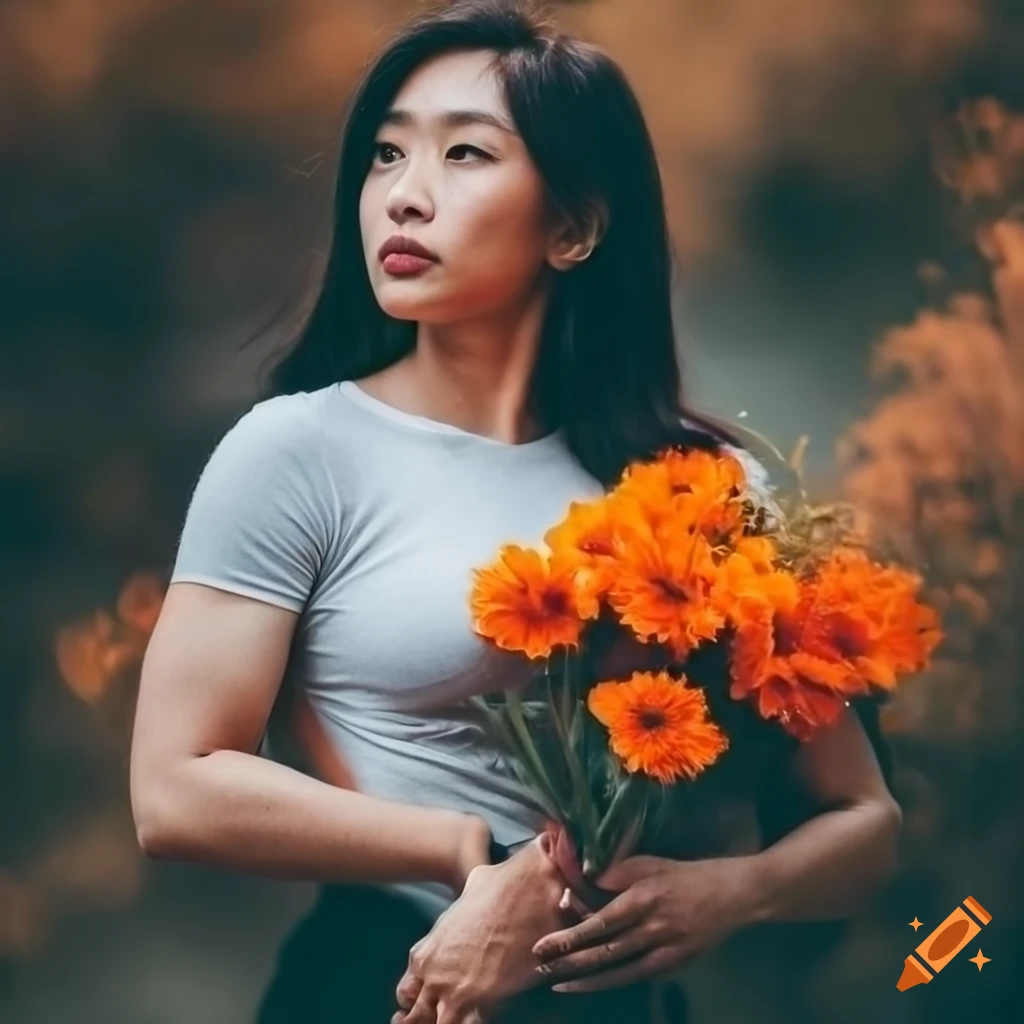 Muscular asian bodybuilder woman wearing tight white t-shirt ...