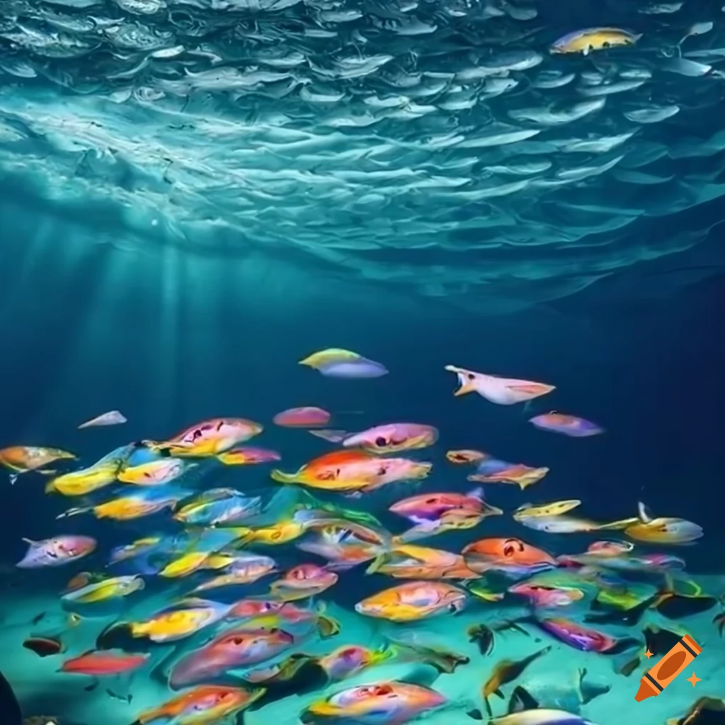 Create a photo of a fantastic deep-sea landscape with a colorful school ...
