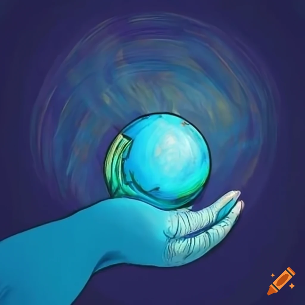 A woman hand put a blue sphere into a man hand