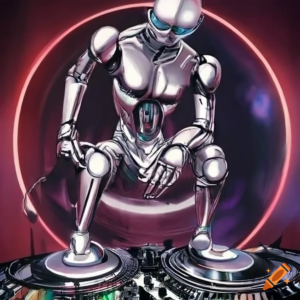 DJing with records dance music Comic book robot hero sphere head circle ...