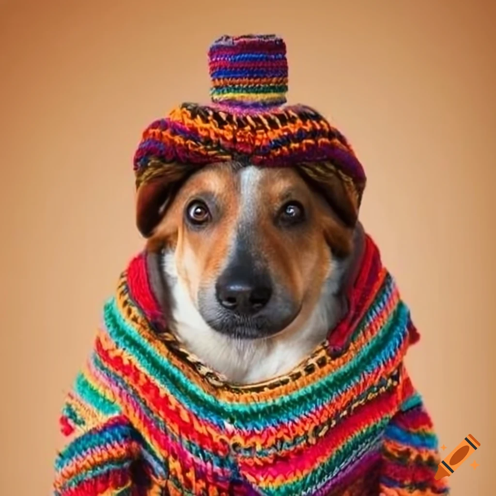 A dog wearing a peruvian garment