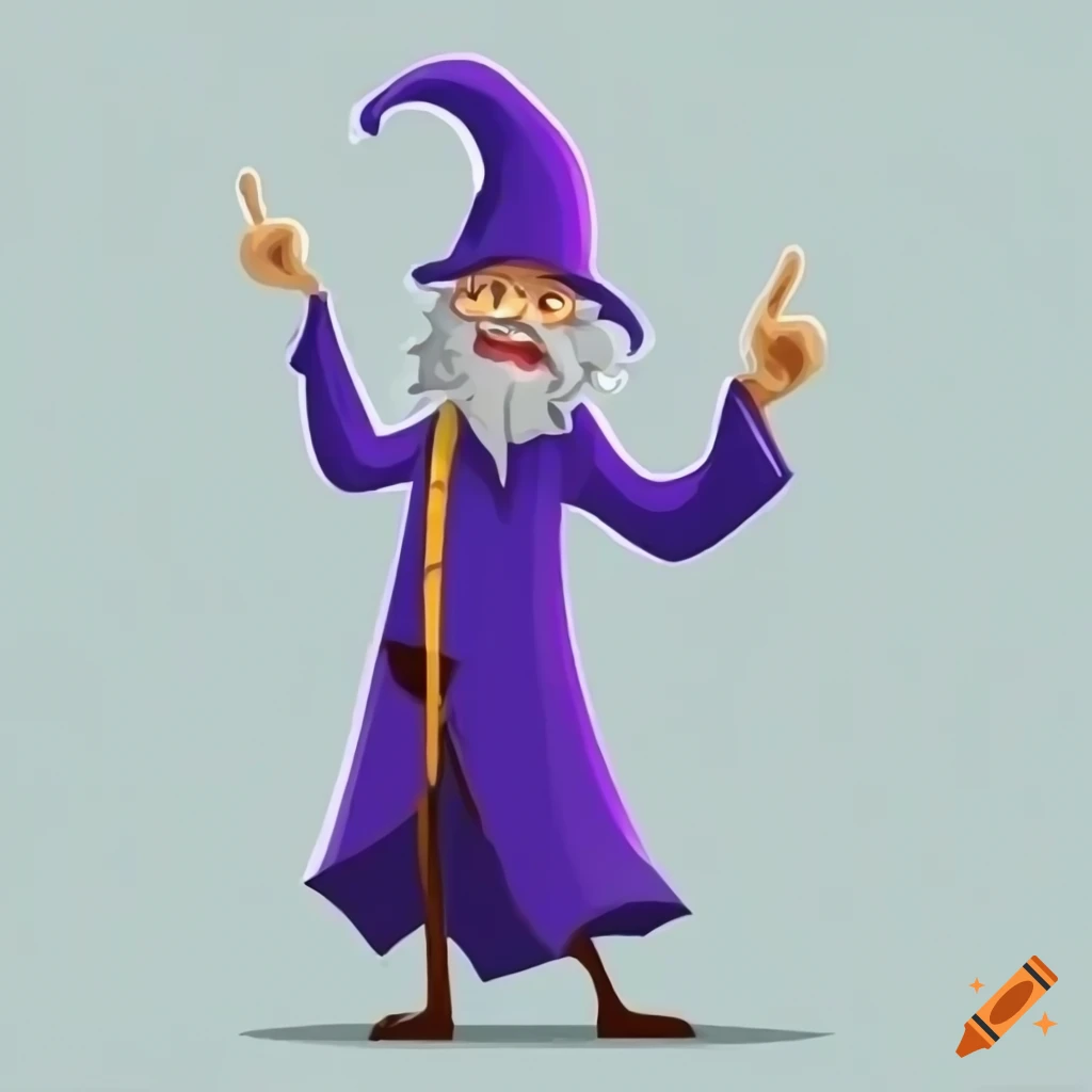 Cartoon style full body frustrated but happy wizard with a hat pointing ...