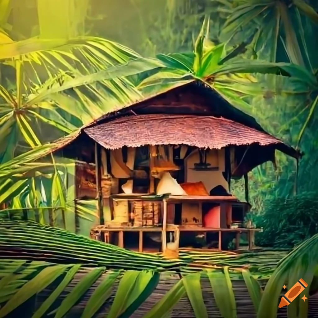 Kerala tea shop with palm leaves roof. view from top on Craiyon