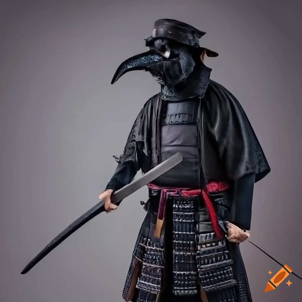 Plague doctor in samurai attire while holding a katana on Craiyon