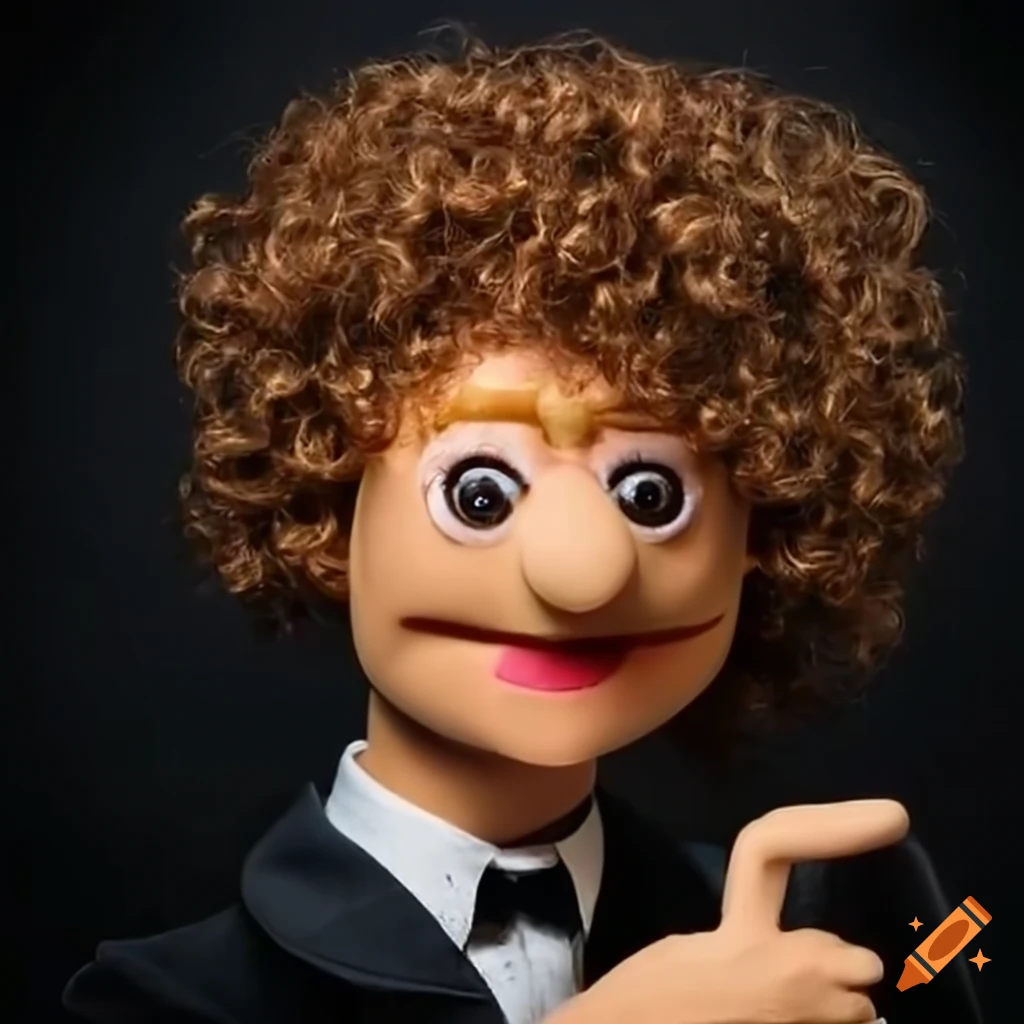 Male professional puppet with curly brown hair on Craiyon