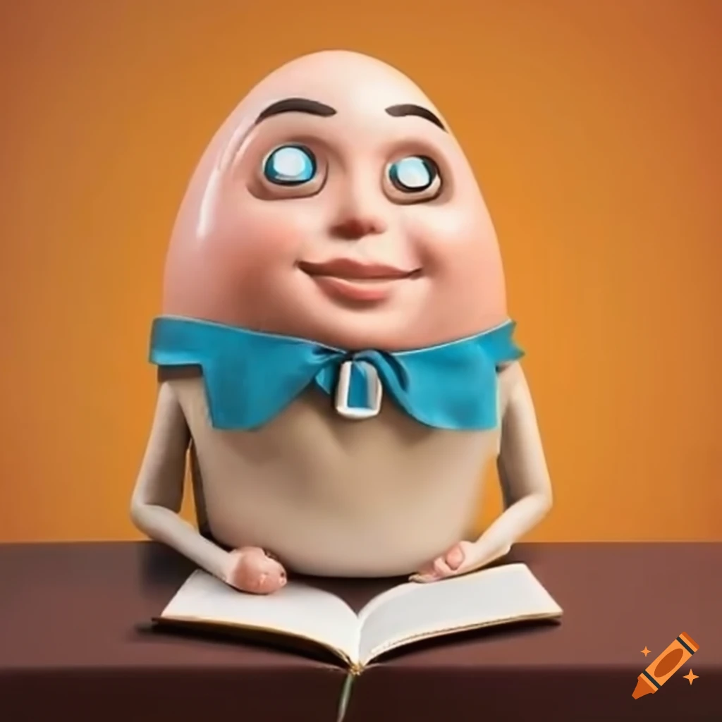 Humpty dumpty on a seat writing in a book on Craiyon