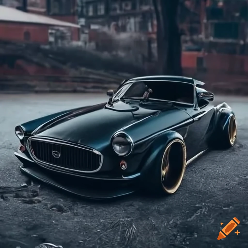 A Volvo p1800 stanced with a widebody kit on Craiyon
