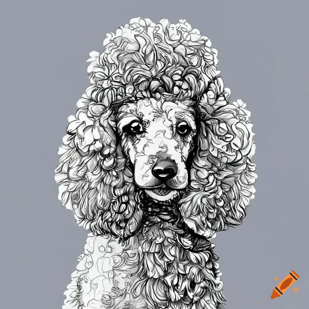 Cute poodle dog fineline drawing greyscale coloring book style