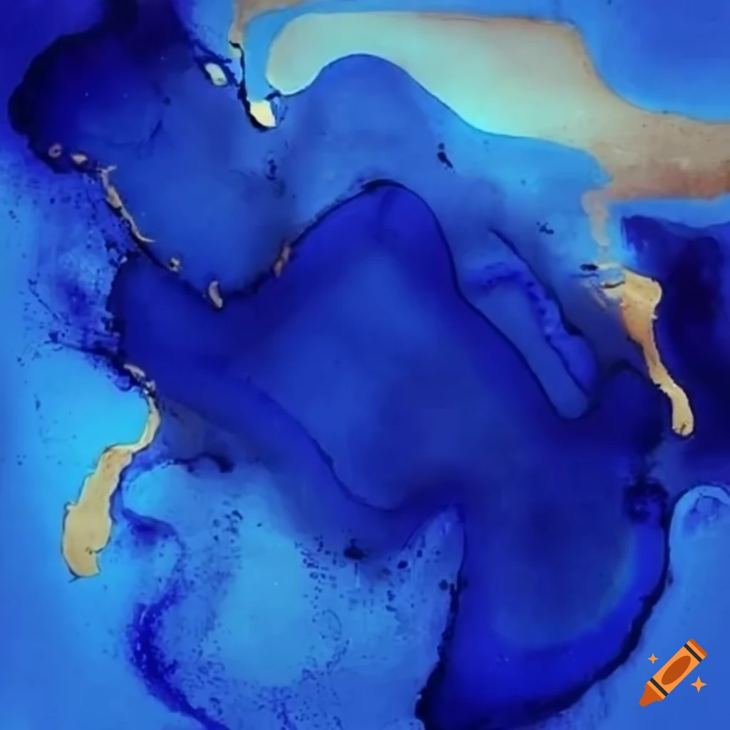 Watercolor stains, shades of prussian blue, gold spatter, bright color ...