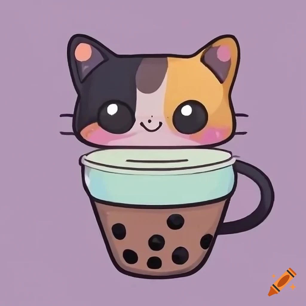 Kawaii pastel calico cat drinking boba tea