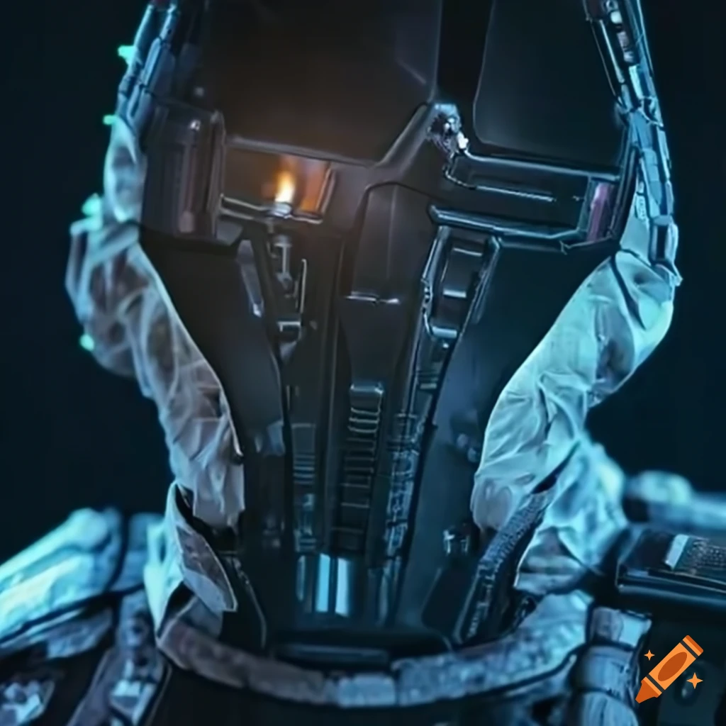 Futuristic elite army with protective suit bending cyber technological