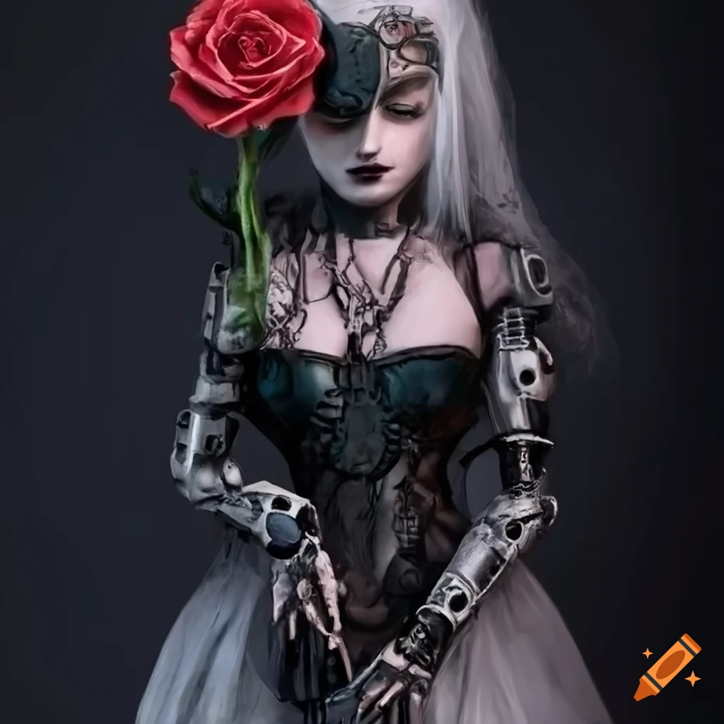 A gothic robotic fem figure holding withering roses