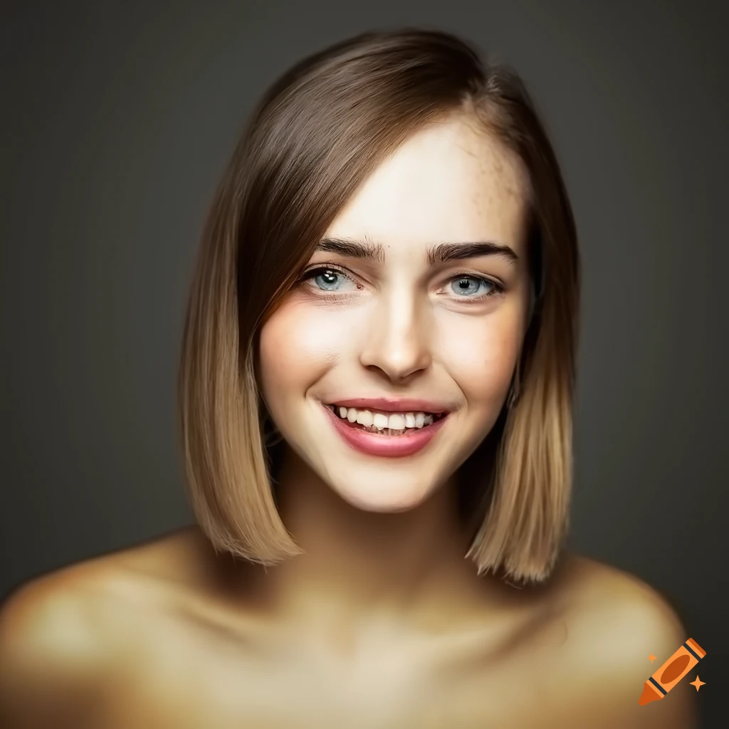 Beautiful Young Woman Delicate Freckles Shy Smile Indoors Bobbed Hair