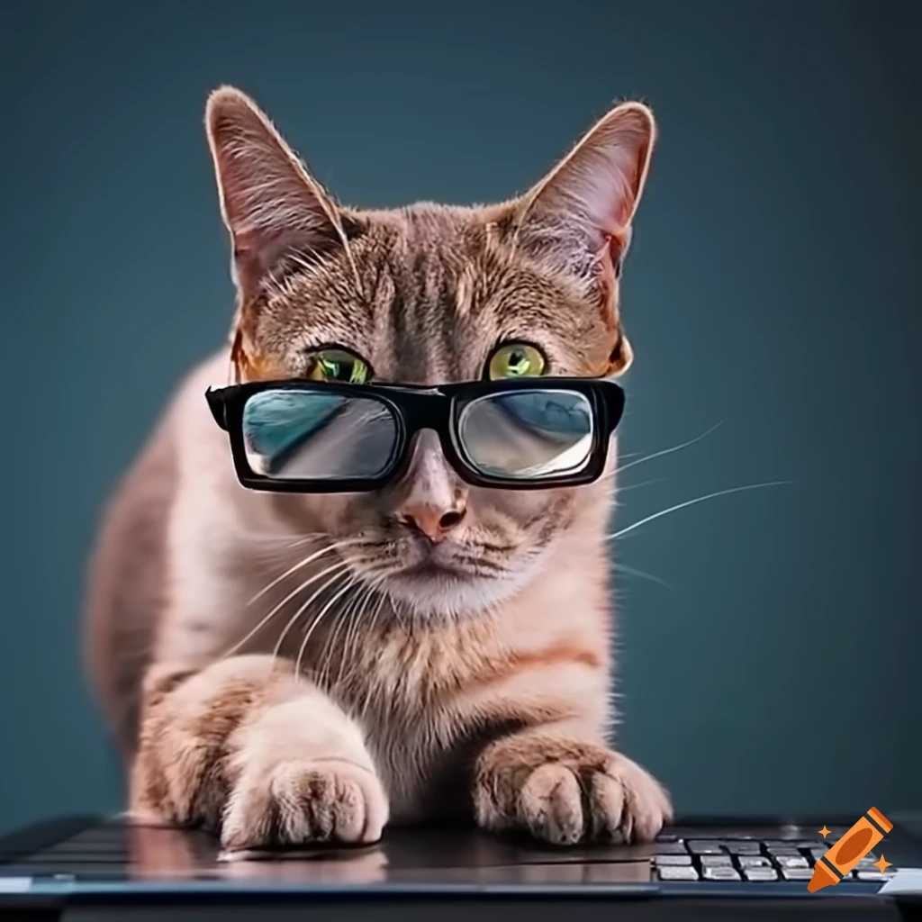 A nerdy cat with glasses working on a laptop on Craiyon