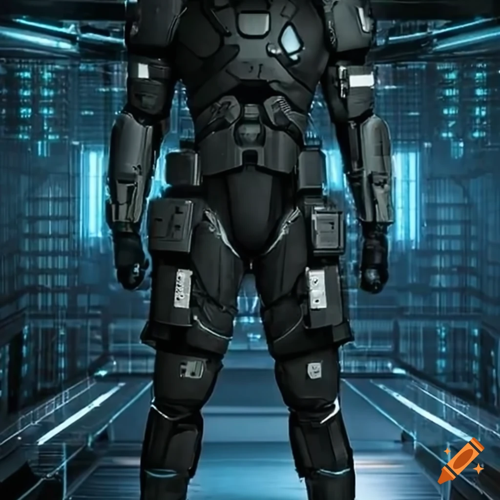 Futuristic elite army with protective suit bending cyber technological ...