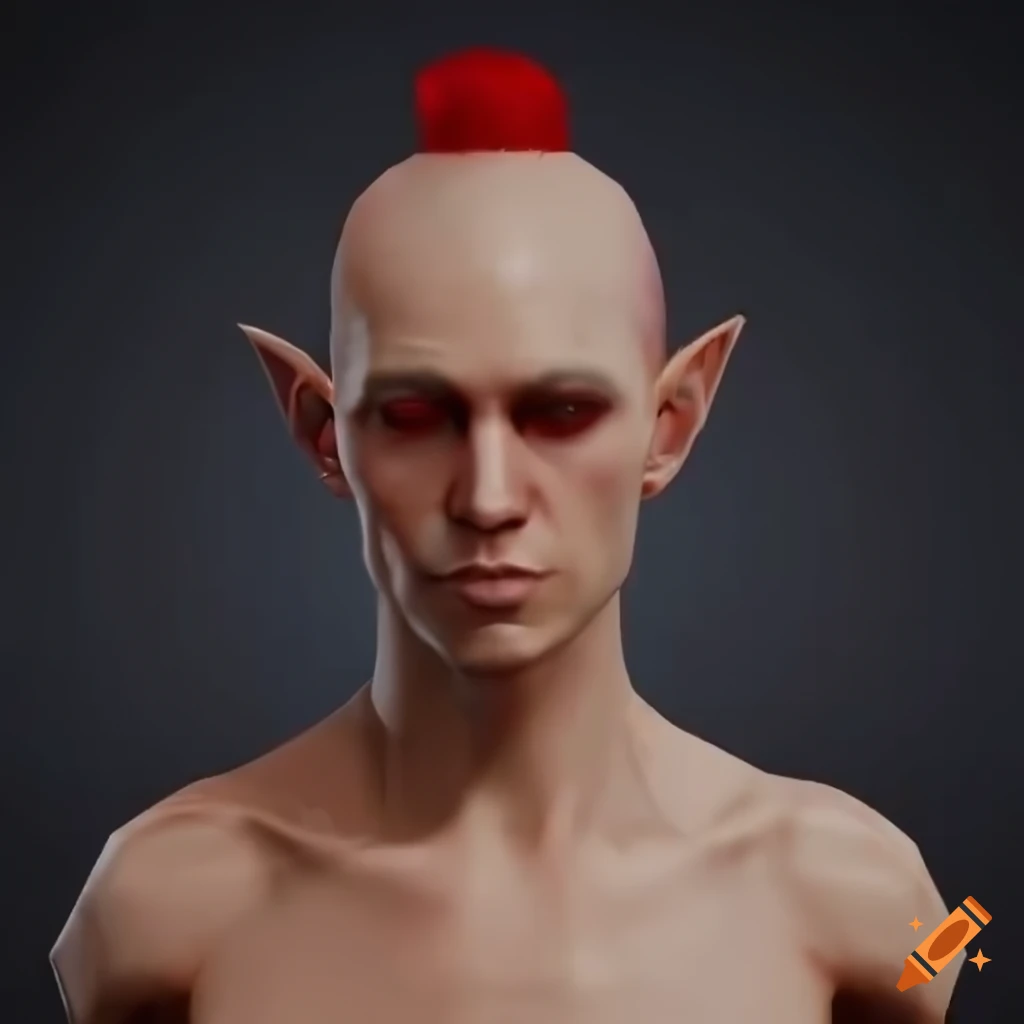 Unreal engine 5 pale-white-skinned, shaved head with red ponytail ...