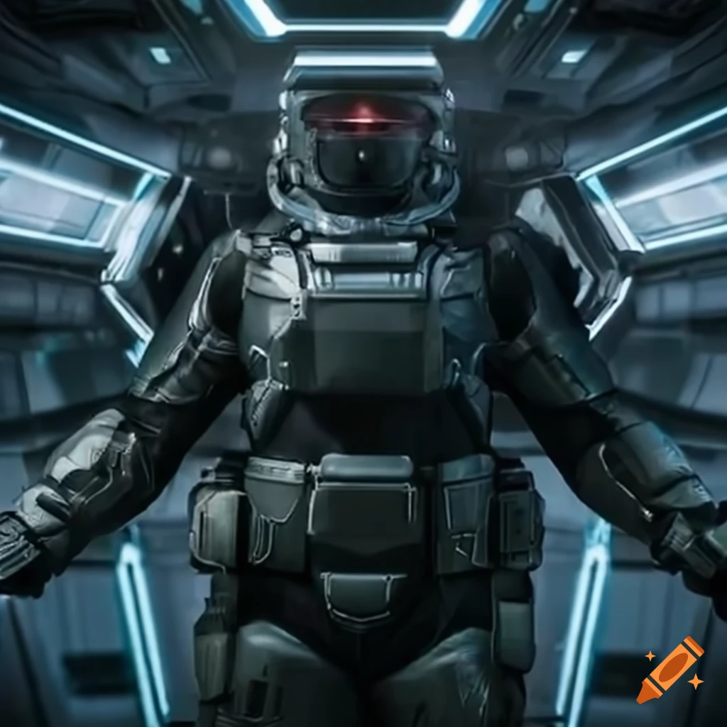 Futuristic elite army with protective suit bending cyber technological ...