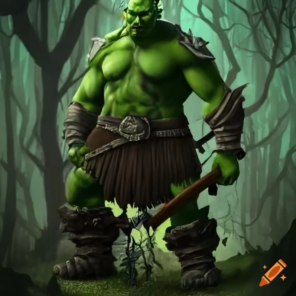 Dark green bald orc barbarian in a dark forest