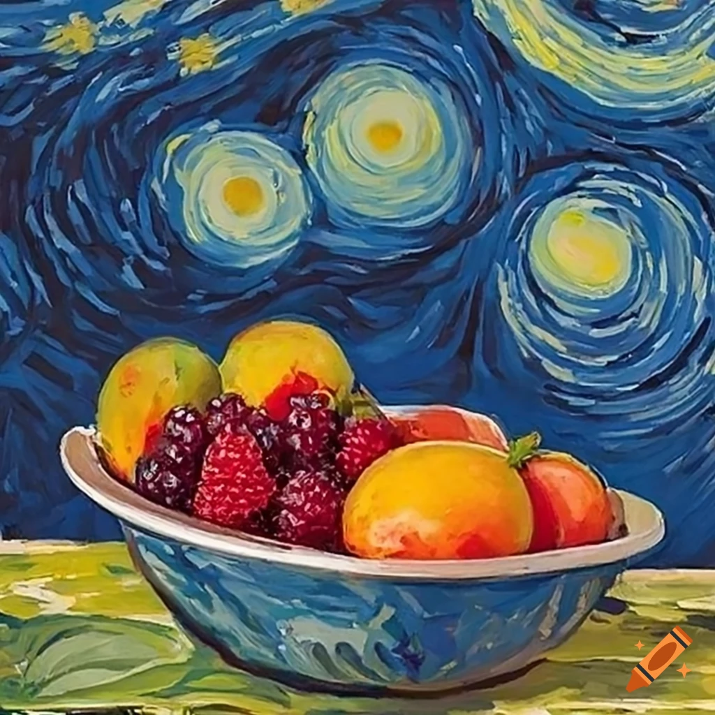 Bowl of fruit, on a table, detailed, the starry night on Craiyon