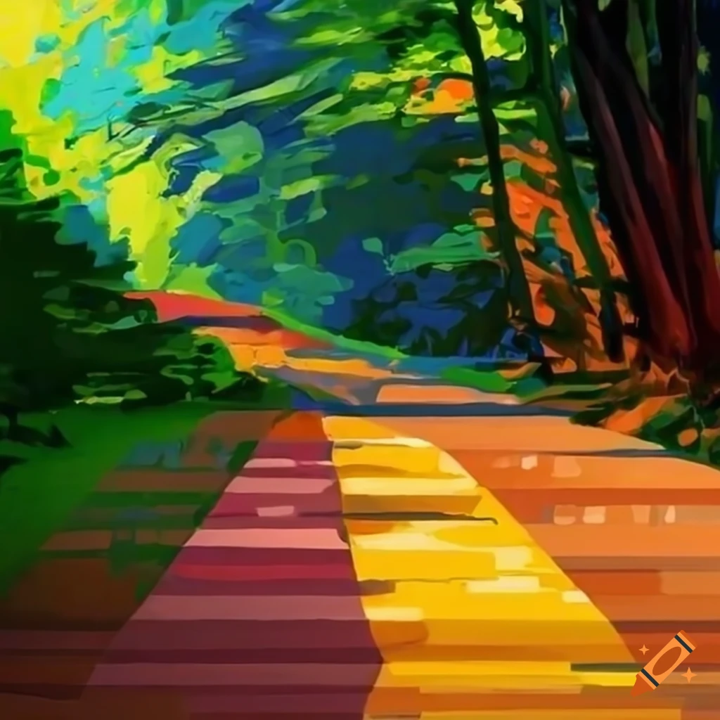 A perspective painting of a trail with warning signs and bicycle