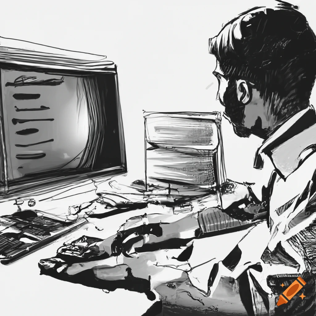 Grayscale image of a computer engineer, sitting at a desk programming ...