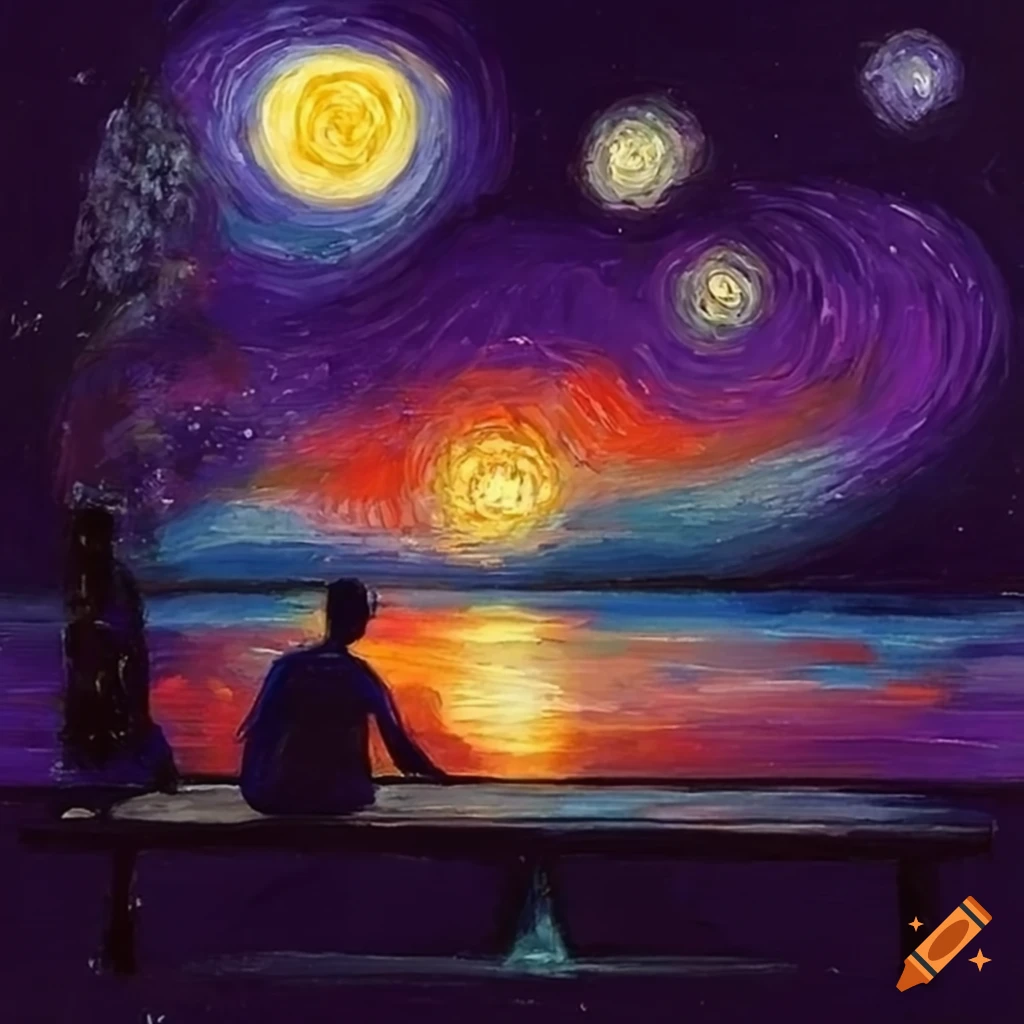 Couple sitting on bench staring at a black hole in the distance, starry ...