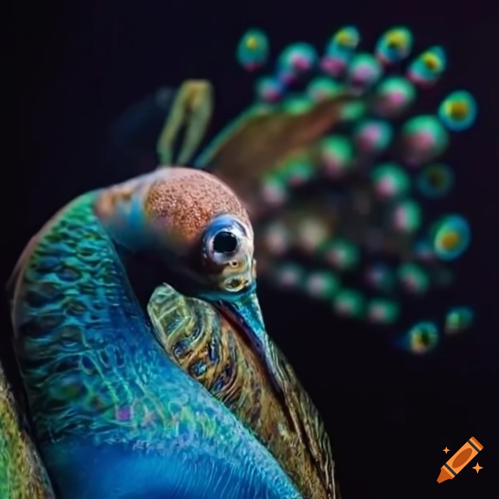 An animal half peacock half squid