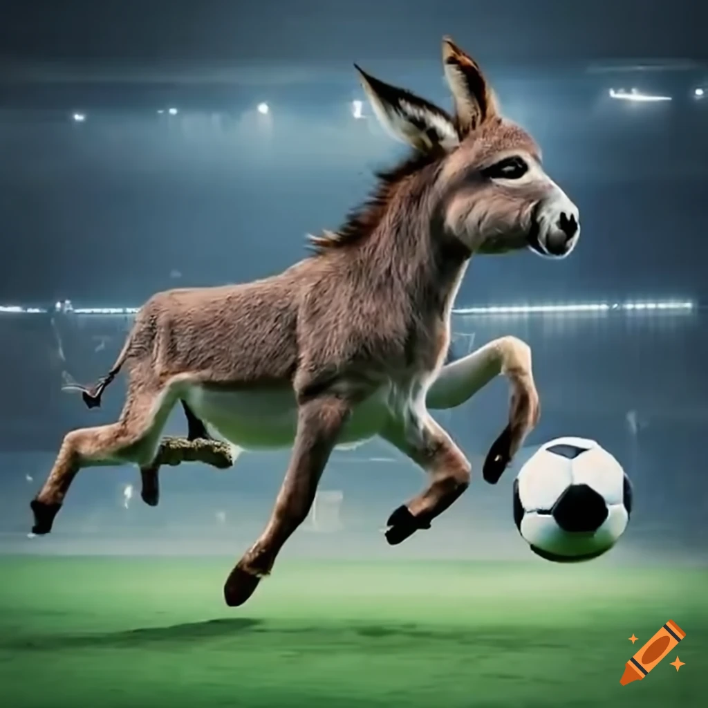 Donkeys playing soccer in a soccer stadium