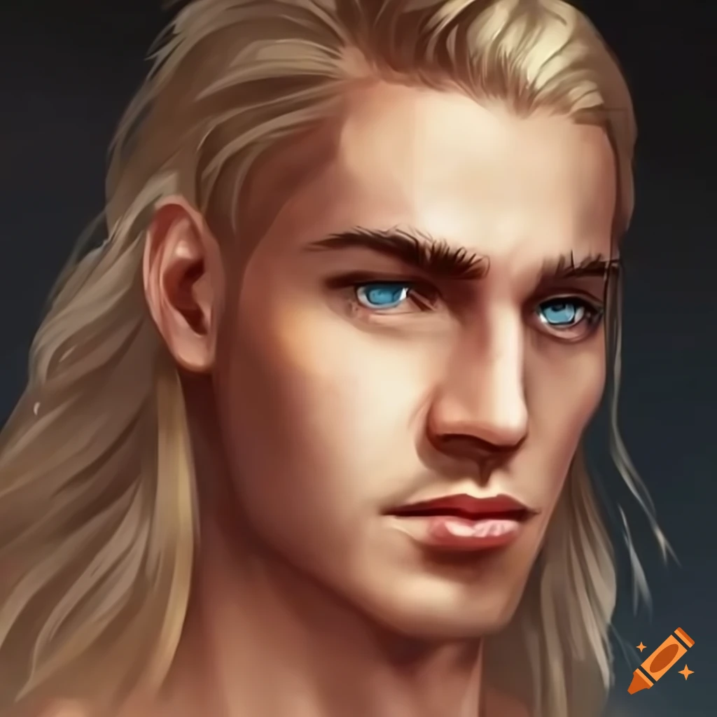 Clean-shaven greek hero with tanned skin and long, blond hair