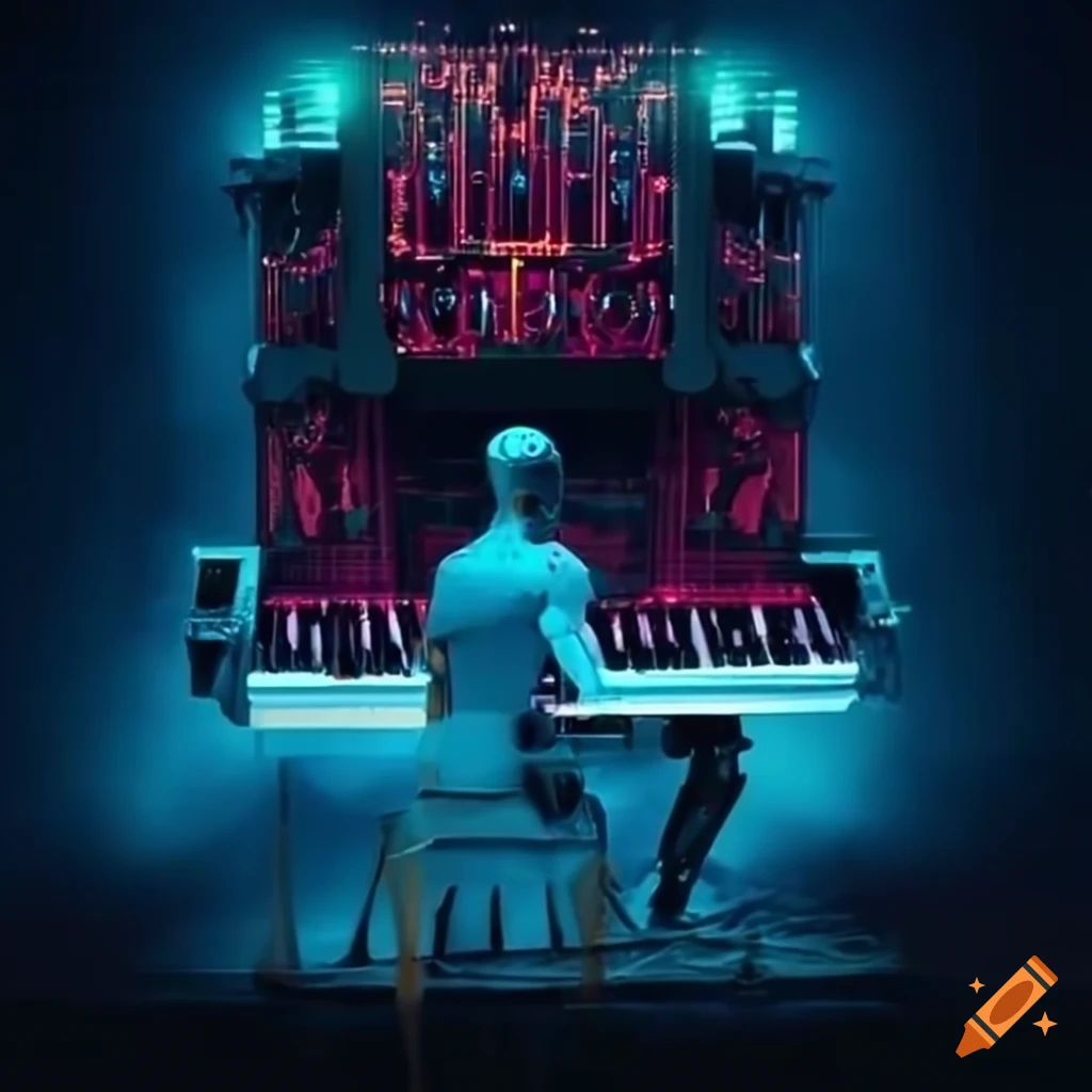 Robotic musician playing a futuristic neon organ on stage