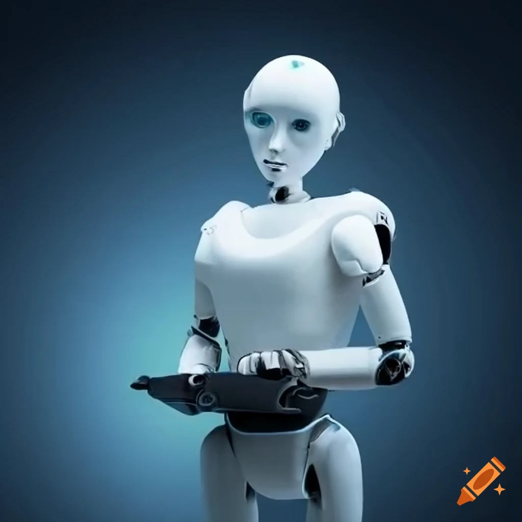 White robot at the computer