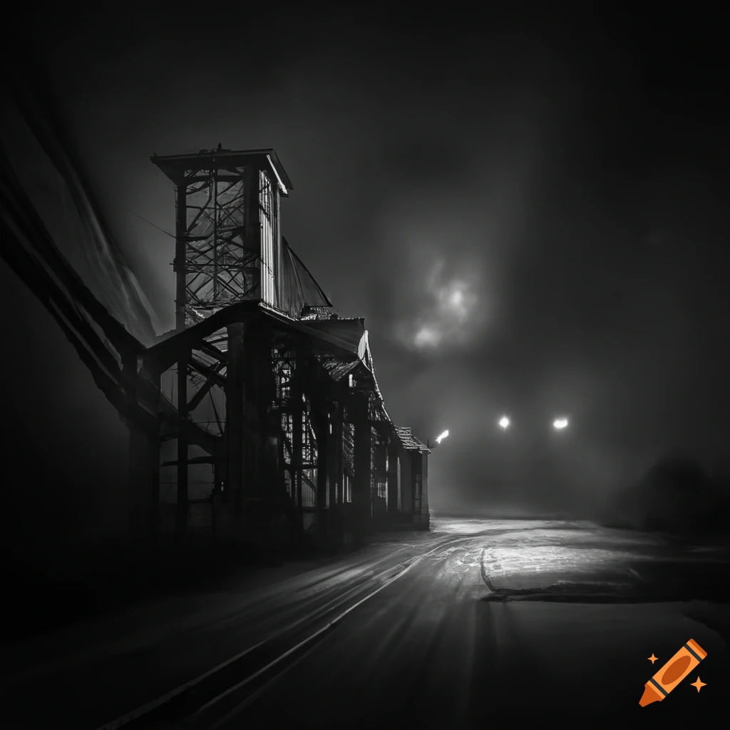 Striking monochromatic photograph of a coal mine in the night