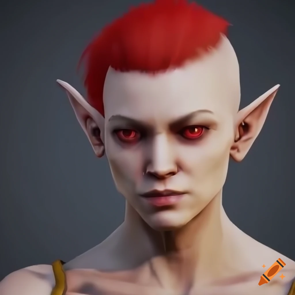Unreal engine 5 pale-white-skinned, shaved head with red ponytail ...