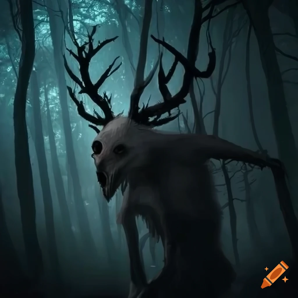 A photorealistic image of a wendigo looking at you from behind a tree ...