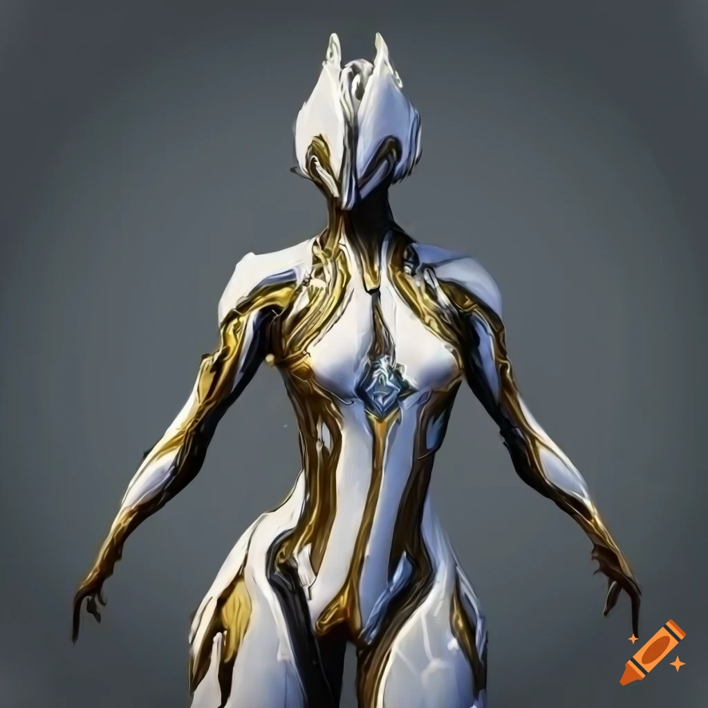 Female warframe with giant wings, white and gold patterns on body ...