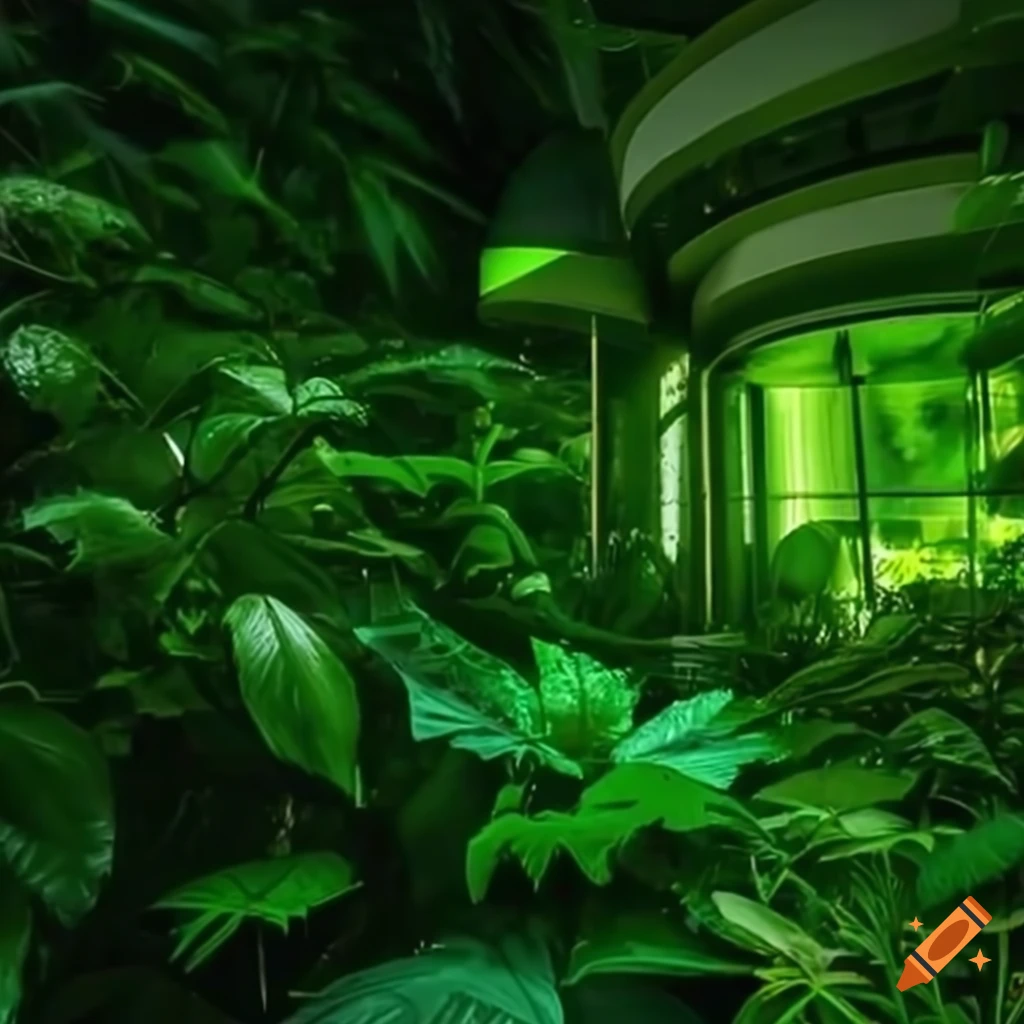Futuristic green office with lots of high-tech computers and plant life