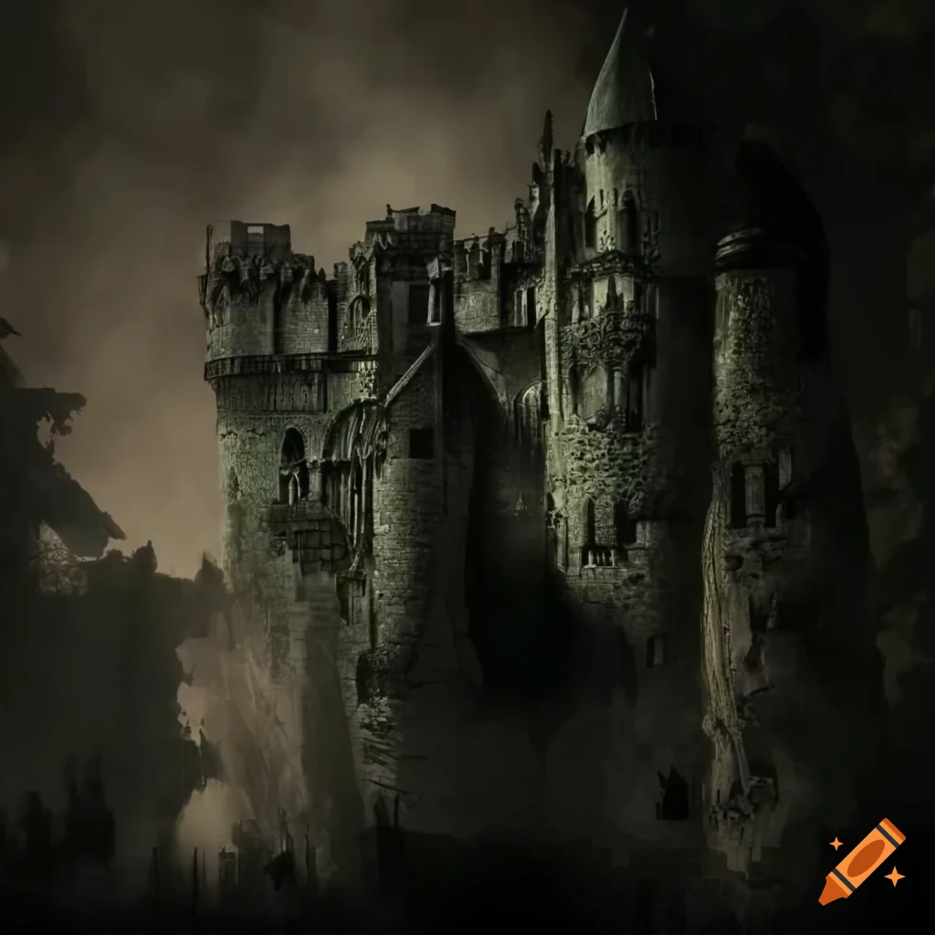 Gloomy Gothic foreboding castle with creapy creature and mytical spott ...