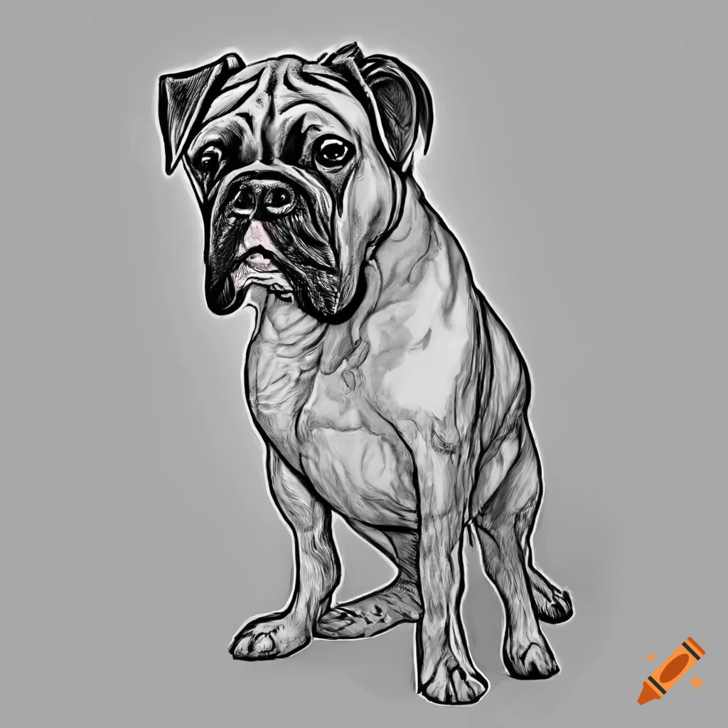 Full body boxer dog fineline drawing greyscale coloring book style