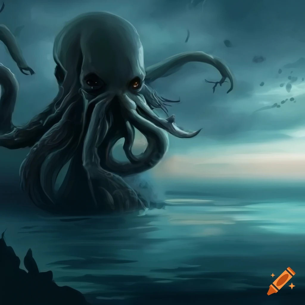 Dark, gigantic cthulhu heads in the clouds with many glowing eyes ...