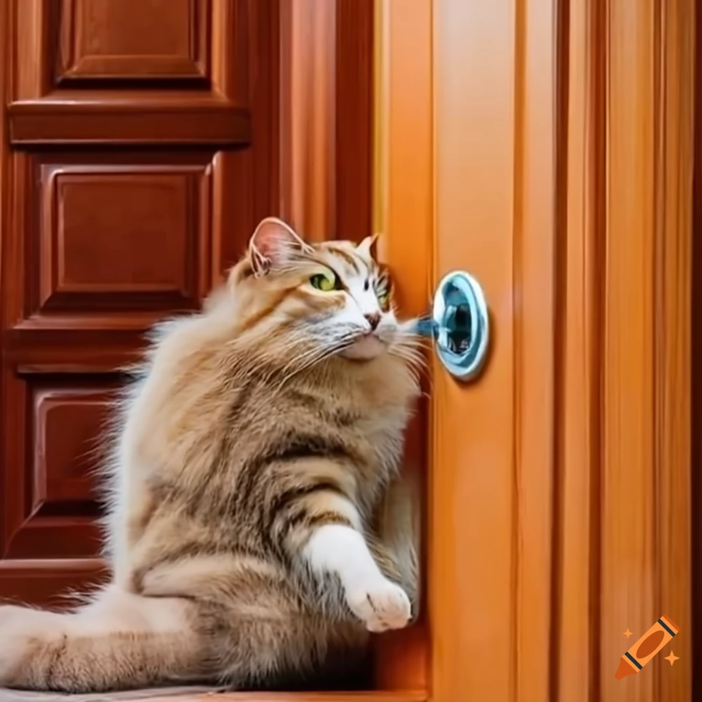Fluffy turtle shell cat sitting at the door looking up at you