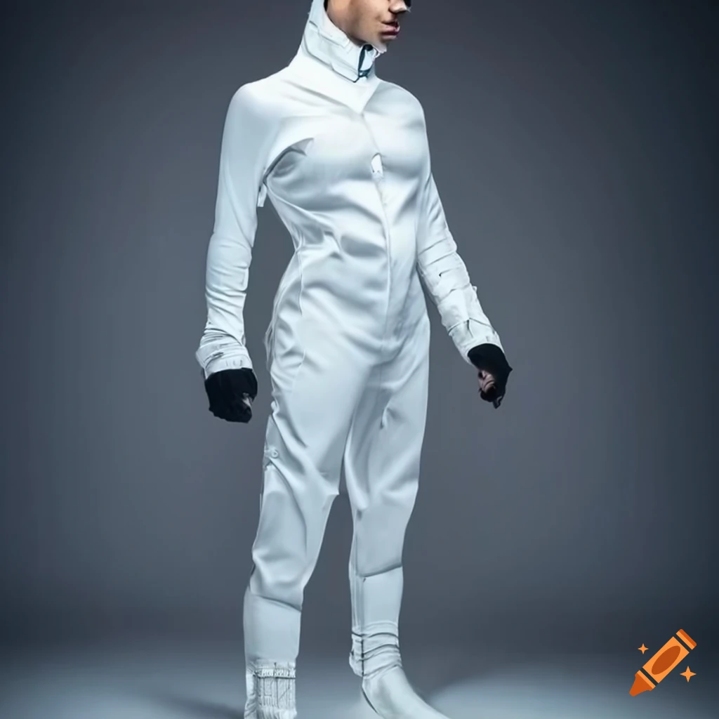 Man in a fashionable futuristic white jumpsuit supra realistic on Craiyon