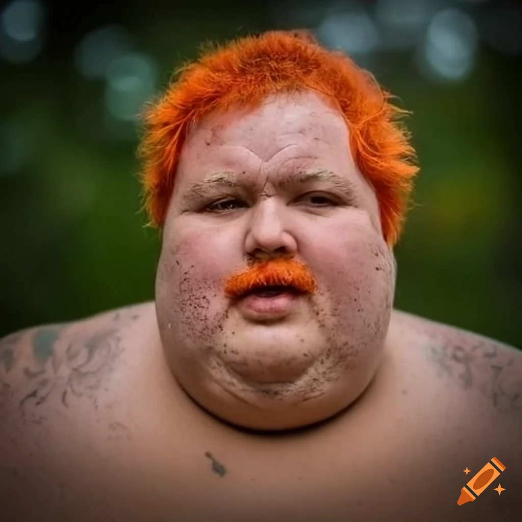 Fat obese bavarian man short orange hair red bearded in mud tattoo on ...