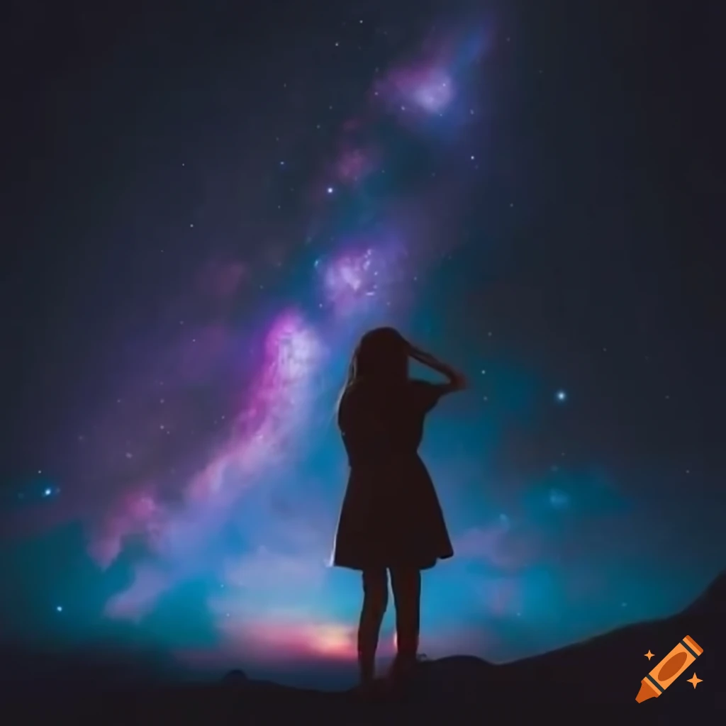 Pretty girl watching galaxy at night