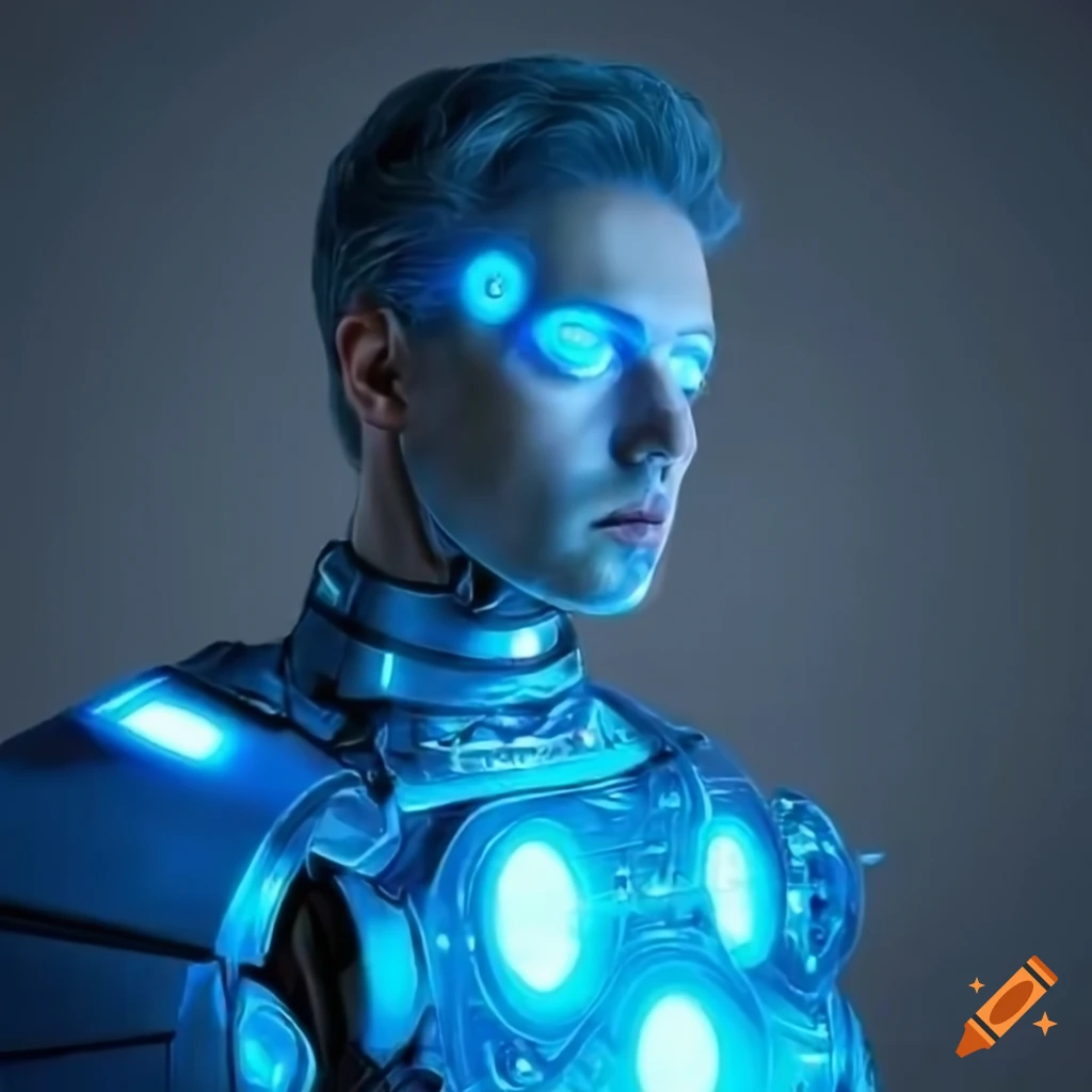 Handsome man in blue robot suit with glowing blue eyes and medium ...