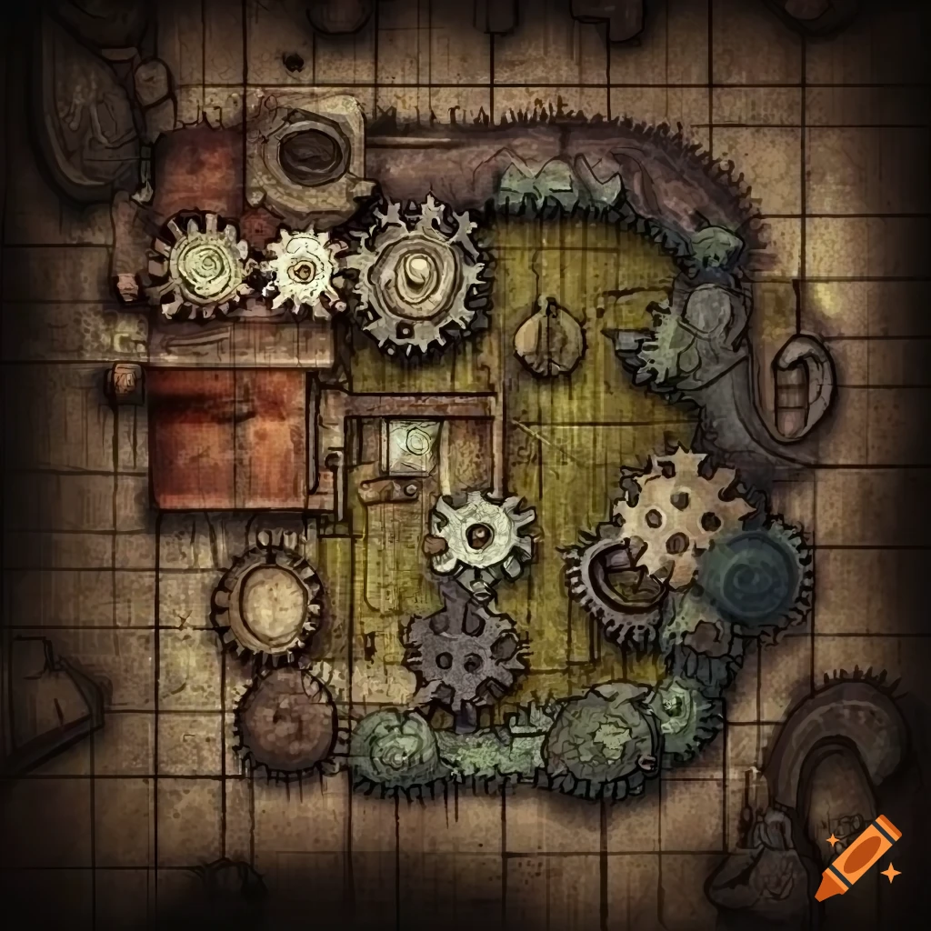 A d&d style grid map of an underground derelict steampunk workshop with ...