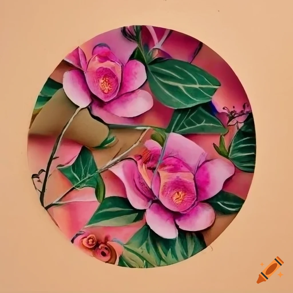 Circular wall art drawing on cardboard using flowers and leaves on Craiyon