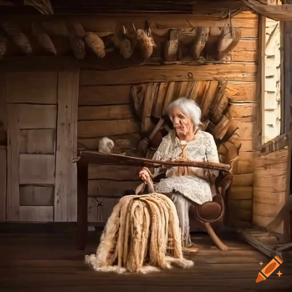 A beautiful old woman sits in front of her beautiful hut, which is gray ...