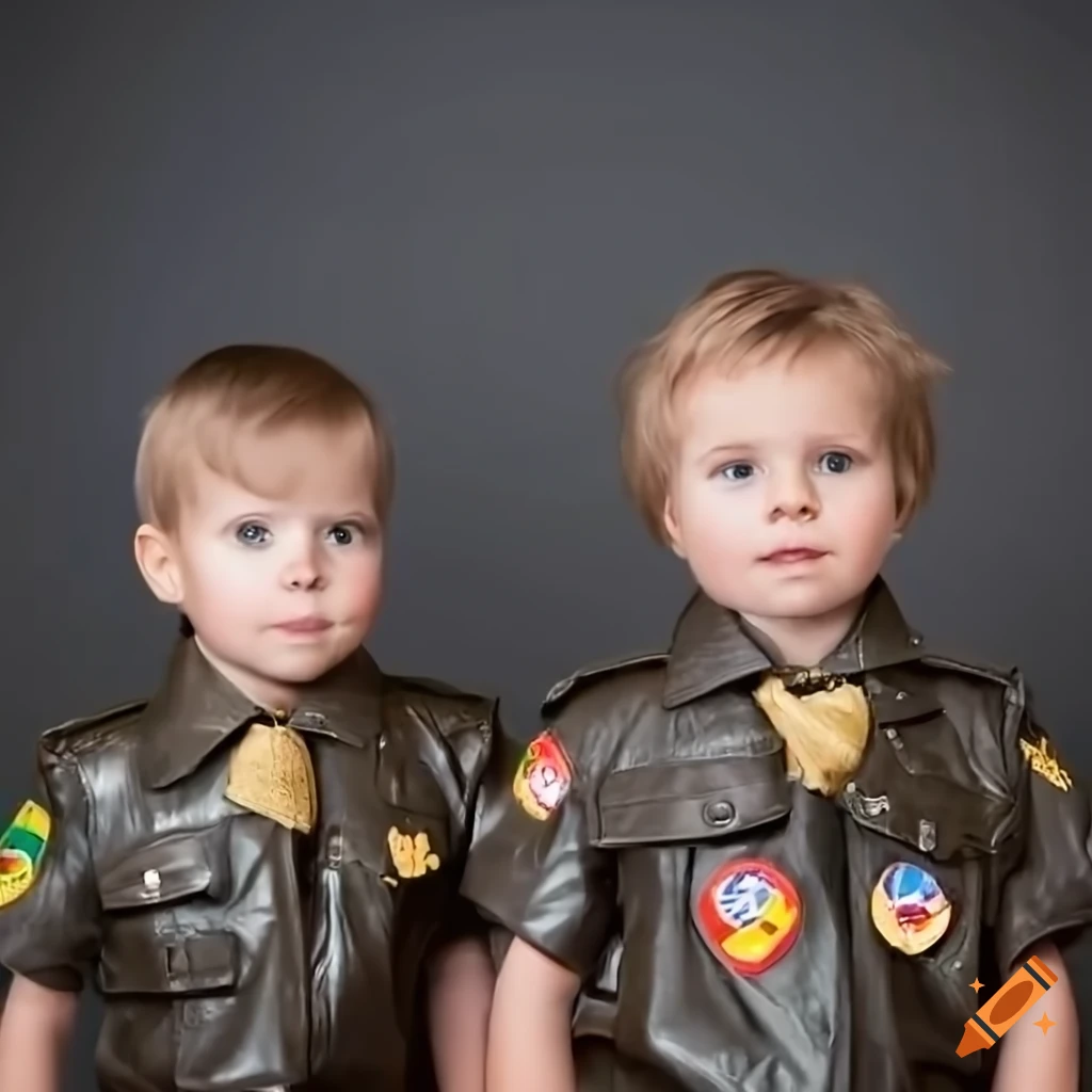 Two toddler boys in full black leather slighty shiny boy scout uniform ...